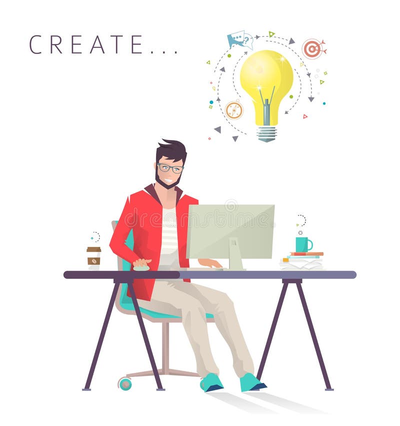 Man works on computer. stock vector. Illustration of corporate - 88838707