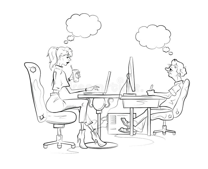 Man Works on the Computer. Hand Drawn Sketch Vector Illustration Stock ...