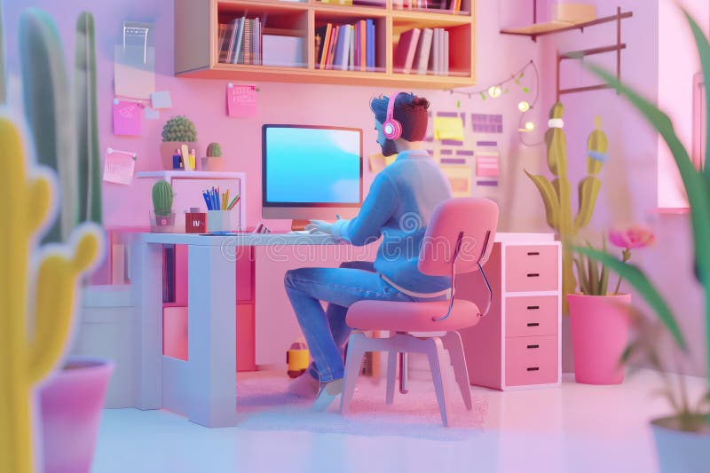 Man Works on the Computer at Home. 3D Illustration. Programmer is ...