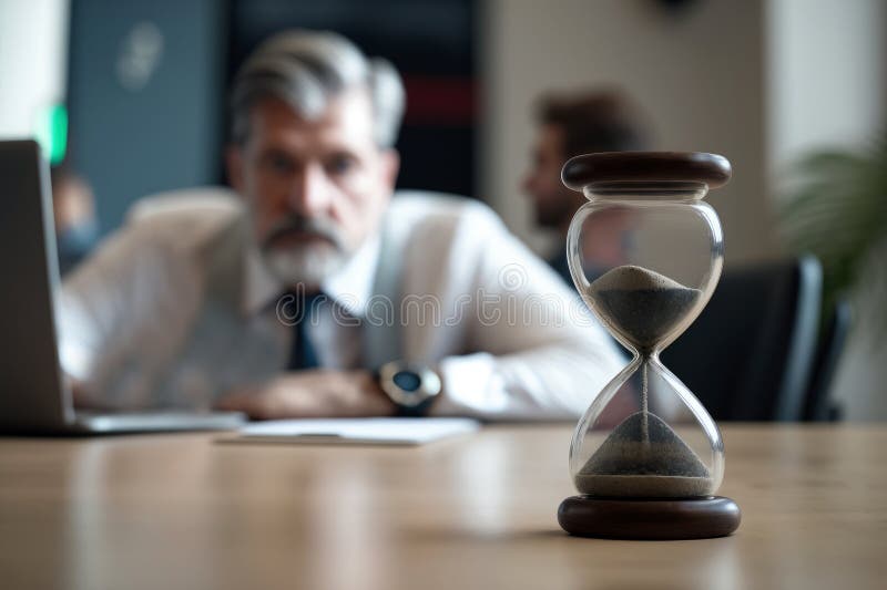 Man Works at Computer with Hourglass, Symbolic of Time Slowly yet ...