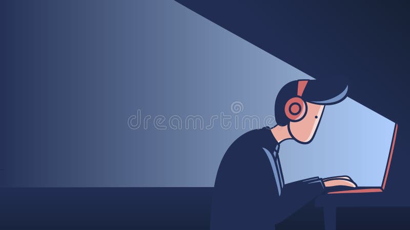 Man Works at the Computer at Night Colored Vector Illustration Stock ...