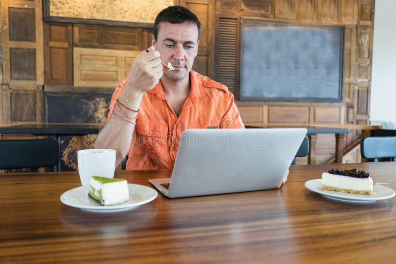 The Man Works in the Computer and Pie, Food in the Computer. Stock ...