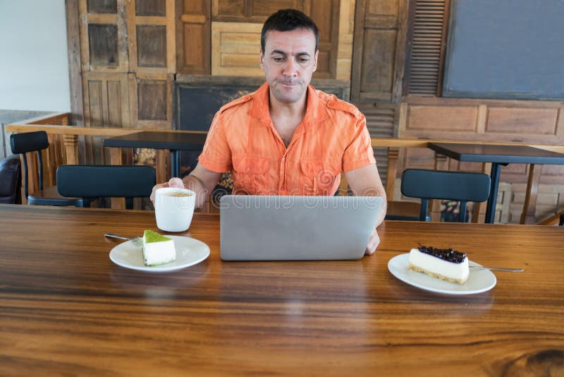 The Man Works in the Computer and Pie, Food in the Computer. Stock ...