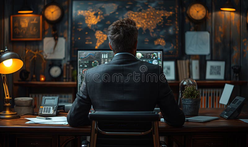 A Man Works on a Computer, Rear View. Stock Photo - Image of cyberspace ...