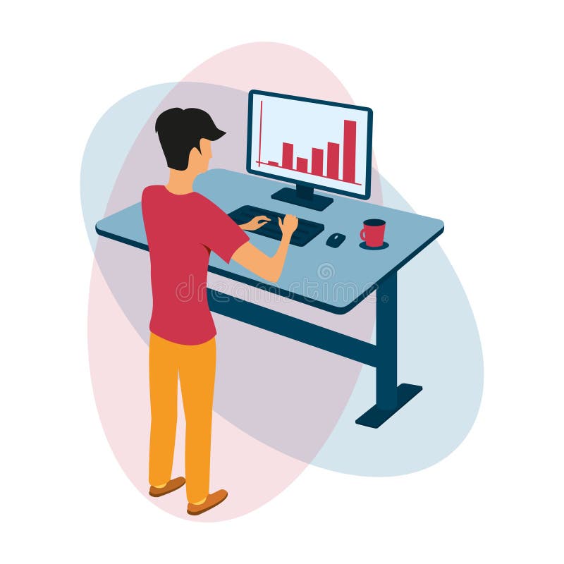 A Man Works at a Computer while Standing. Stand-up Work Stock Vector ...