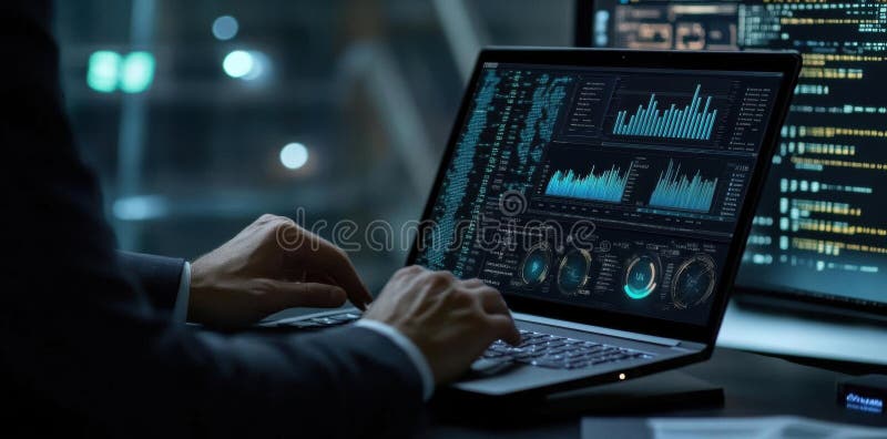 Man Works on Data Analysis System with Technology Theme and Complex ...