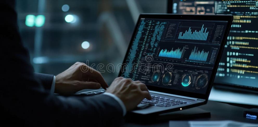 Man Works on Data Analysis System with Technology Theme and Complex ...