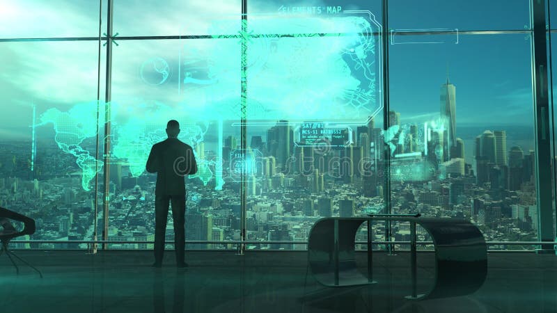 The Man Works with the Geolocation Systems of the Future, 3D Render ...