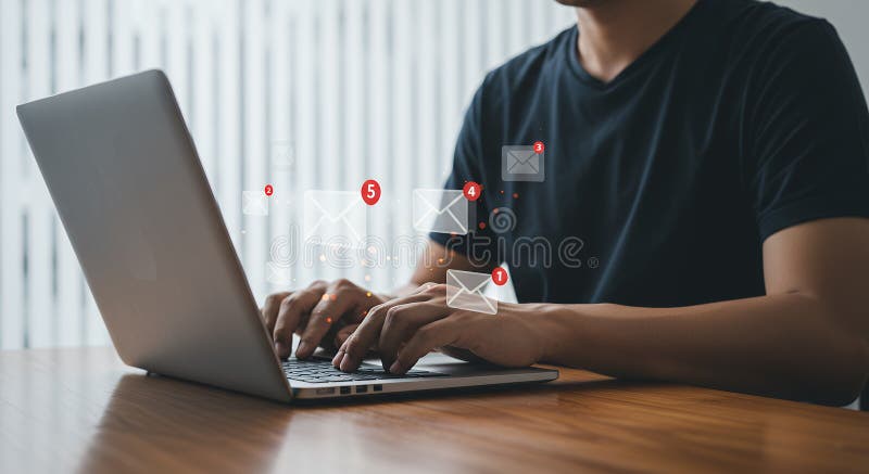 Man Checking Email on Laptop with Unread Messages, Working at Home ...