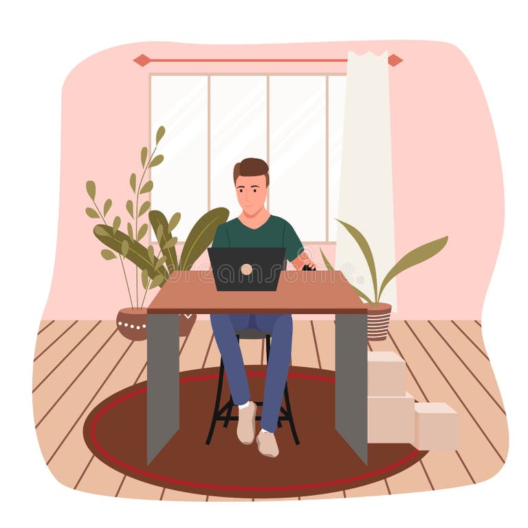 The Man Works at Home at the Computer. Work from Home. Freelance ...