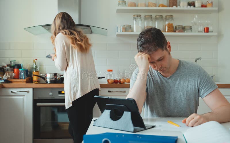 Man Works at Home in Self-isolation. Stock Photo - Image of indoor ...