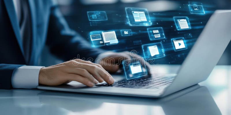 Man Works on Laptop with Digital Documents, Business Management Concept ...