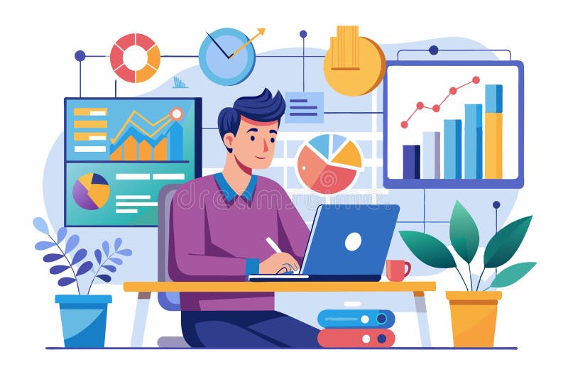 A Man Works on a Laptop, Studying Growth Data with Charts and Plants ...