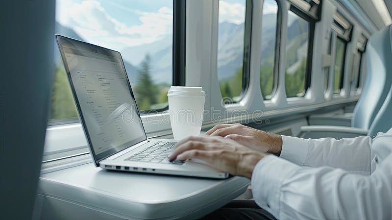 A Man Works on a Laptop on a Train with a View of Mountains and Trees ...