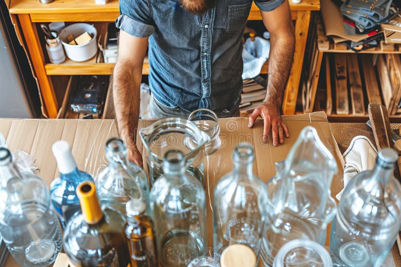 Man Works Meticulously in Workshop Arranging Various Empty Glass ...