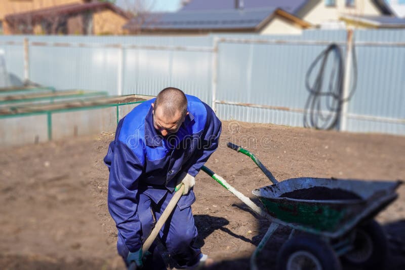 A Man Works in a Vegetable Garden in Early Spring. Digs the Ground ...