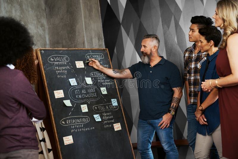 Man, Workshop and Chalk Board in Office for Training, Teaching and ...