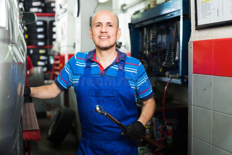 Man in Workwear in Auto Mechanic Workshop Stock Photo - Image of ...