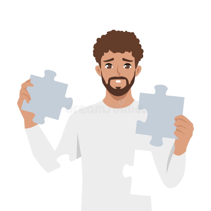 Man with Worried Expression Holds Two Mismatched Puzzle Pieces ...