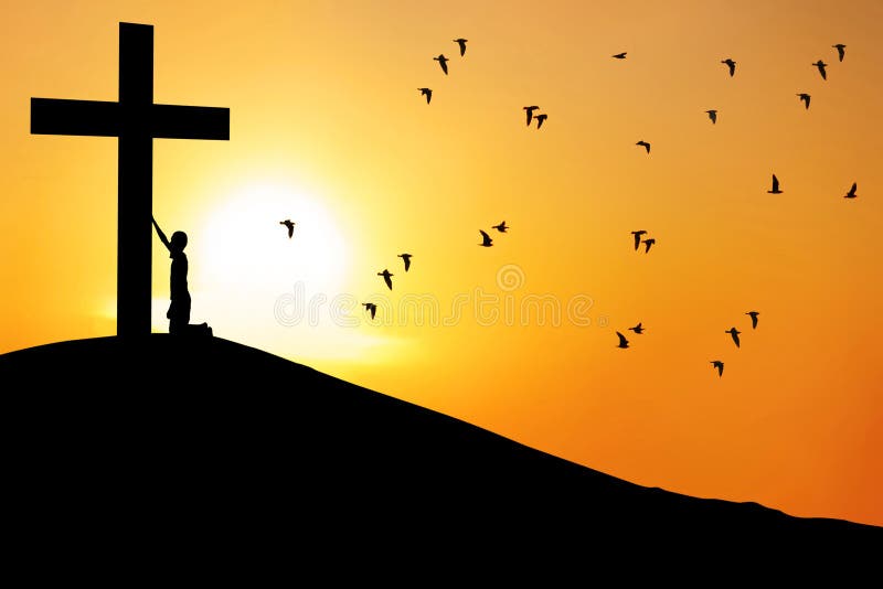 Christian Background: Man Praying Under the Cross Stock Photo - Image ...