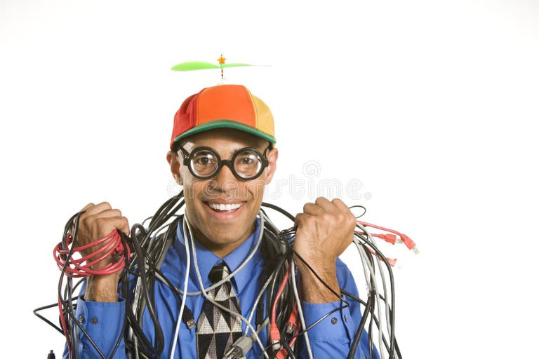 Man wrapped in cables. stock image. Image of head, eyeglasses - 2425865