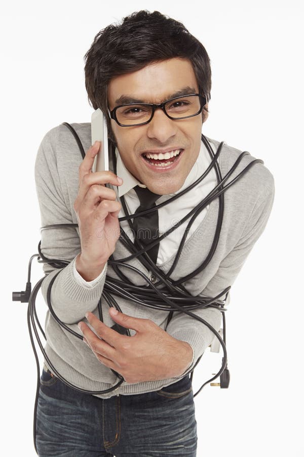 Man with Headset Wrapped in a Tangled Cable Stock Image - Image of ...
