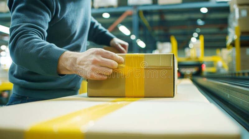 A Man is Wrapping a Box on a Conveyor Belt in a Warehouse Setting Stock ...