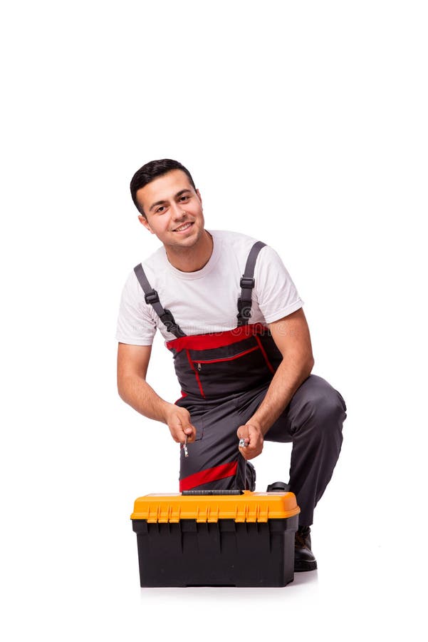 The Man with Wrench Isolated on White Stock Photo - Image of coveralls ...
