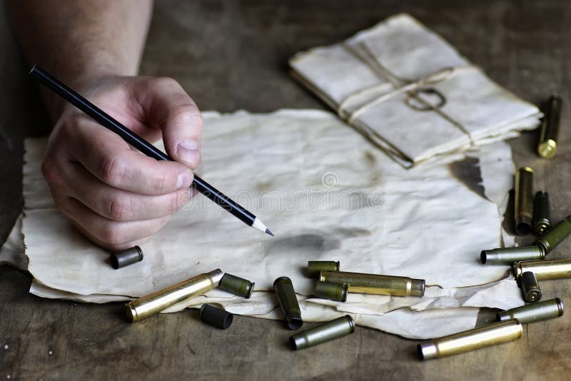 Man Write Letter Retro Bullet on the Table Stock Image - Image of ...