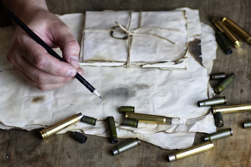 Man Write Letter Retro Bullet on the Table Stock Image - Image of ammo ...