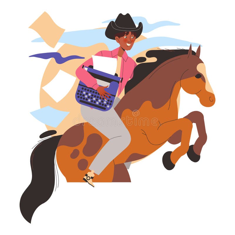 Man Writer in Cowboy Hat Riding Horse and Holding Typewriter Engaged in ...