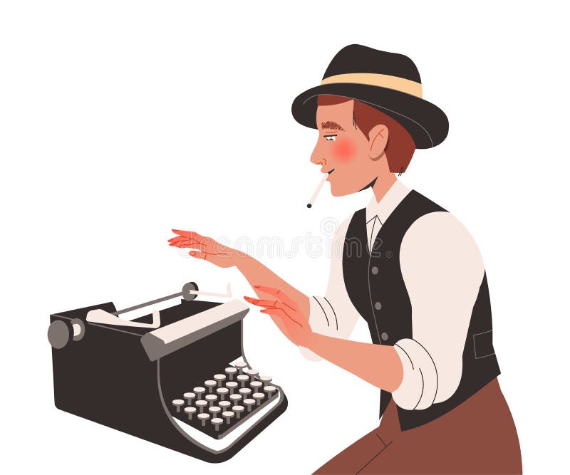 Man Writer in Hat with Cigarette at Typewriter Engaged in Writing ...