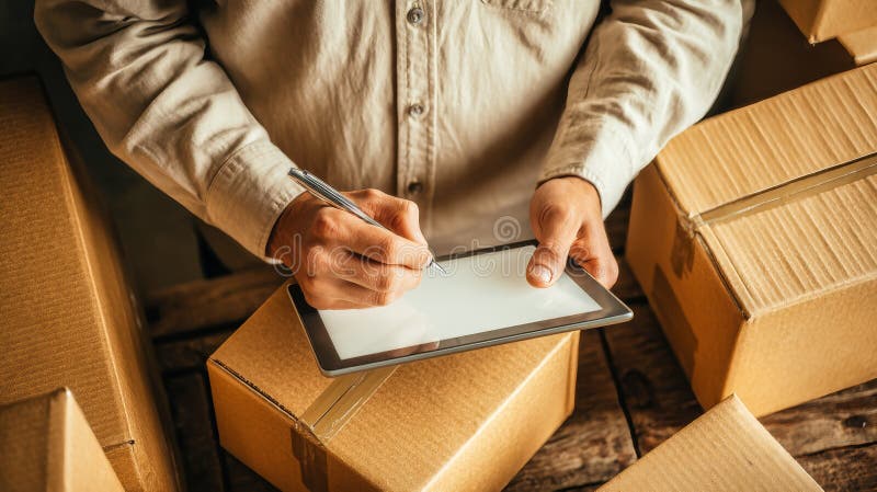 Man Writing on Tablet beside Cardboard Boxes in Commercial Delivery ...