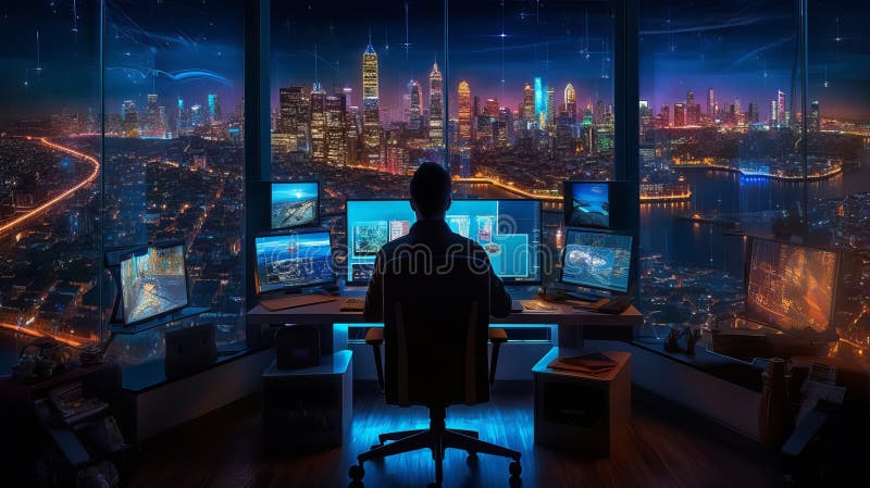 Man Writing in Big Sized Room with Computer Desk Stock Illustration ...