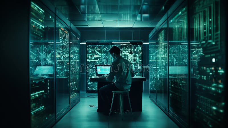 Man Writing in Big Sized Room with Computer Desk Stock Illustration ...