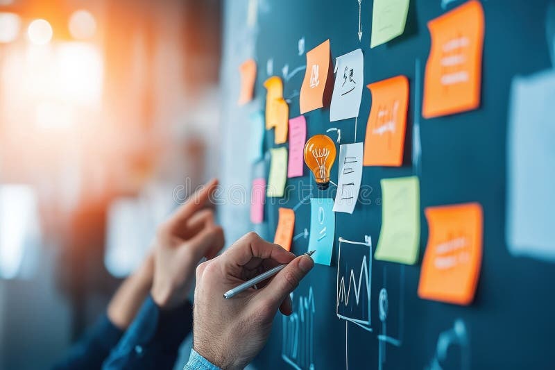 A Man is Writing on a Board with a Pencil with Colorful Sticky Notes ...