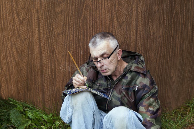 Man Writing by Brush stock image. Image of wooden, text - 61763355