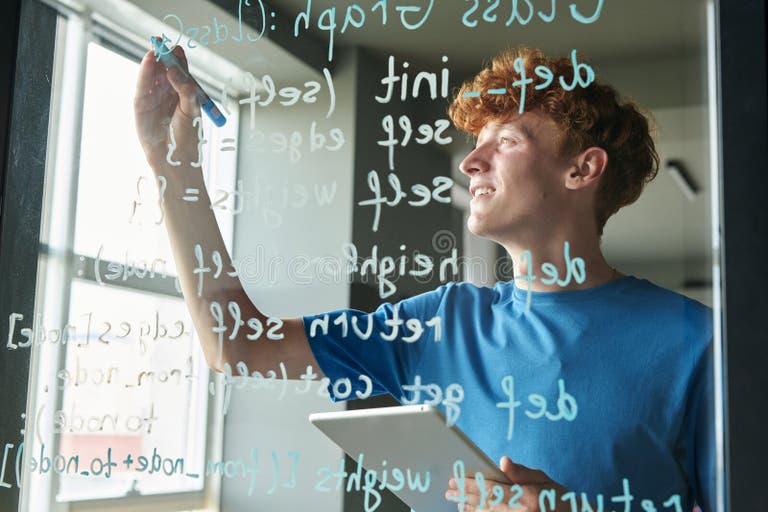 Man Writing Computer Code on Glass Wall Stock Photo - Image of ...