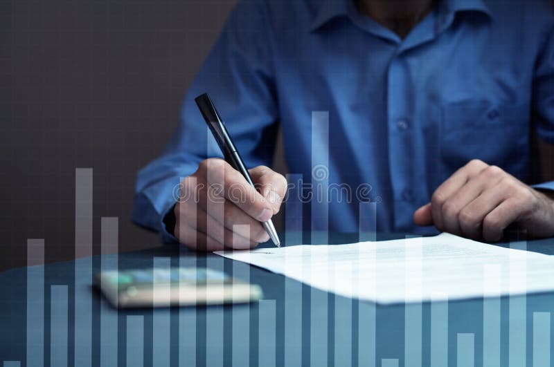 Man writing on document. stock photo. Image of statistic - 114026522