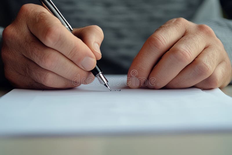 Man Writing with a Pen on a Document Stock Photo - Image of fountain ...