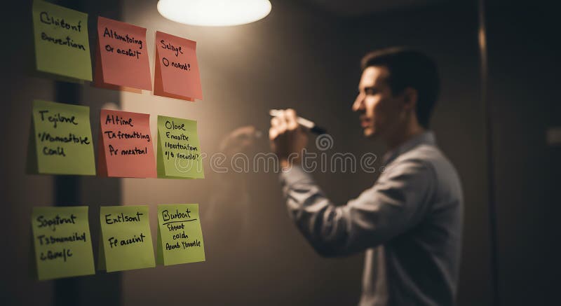 Man Writing on Glass Wall with Sticky Notes in Office Setting Stock ...