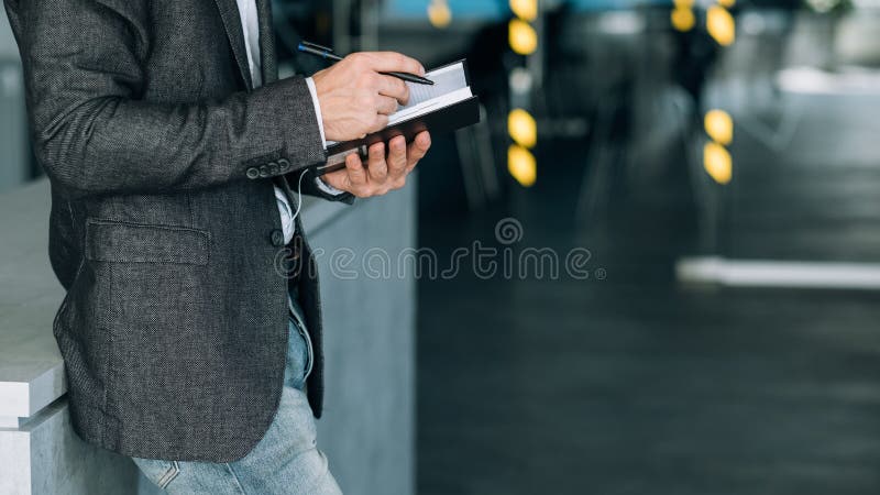 Man Writing Info Notebook Records Data Analysis Stock Image - Image of ...