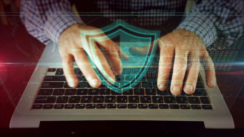 Man Writing on Laptop Keyboard with Shield Stock Photo - Image of ...