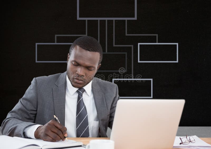 Man Writing by Laptop with Mind Map Stock Photo - Image of chart ...