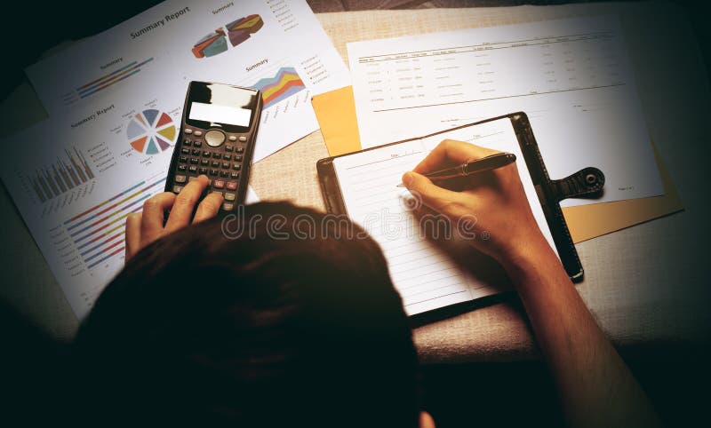 Man Writing Make Note and Doing Calculate Finance at Home Office Stock ...