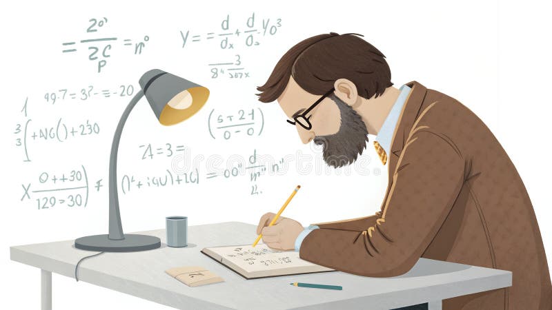 Man Writing Math Equations Under Lamp Light Illustration Stock ...