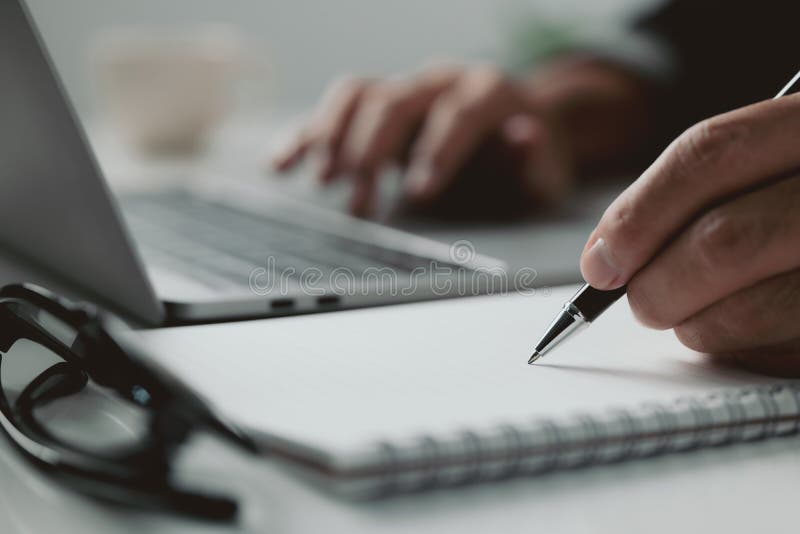 Man Writing on a Notebook, E-learning Online Study Concept, Student ...