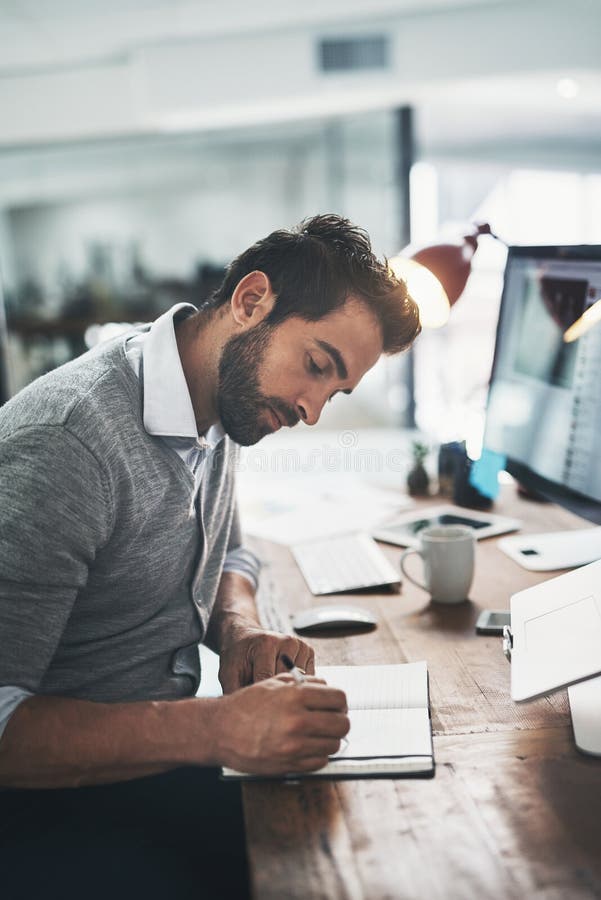 Man, Writing and Notebook in Office for Notes, Planning and Schedule ...