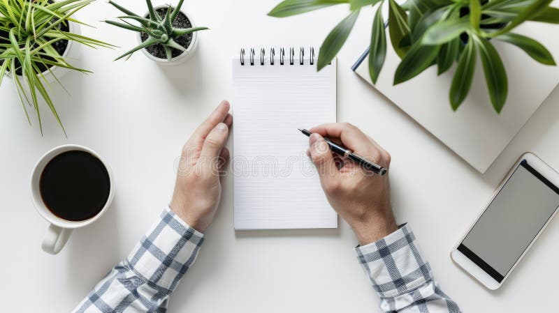 Man Writing on a Notepad at a Clean White Desk with Plants and Coffee ...