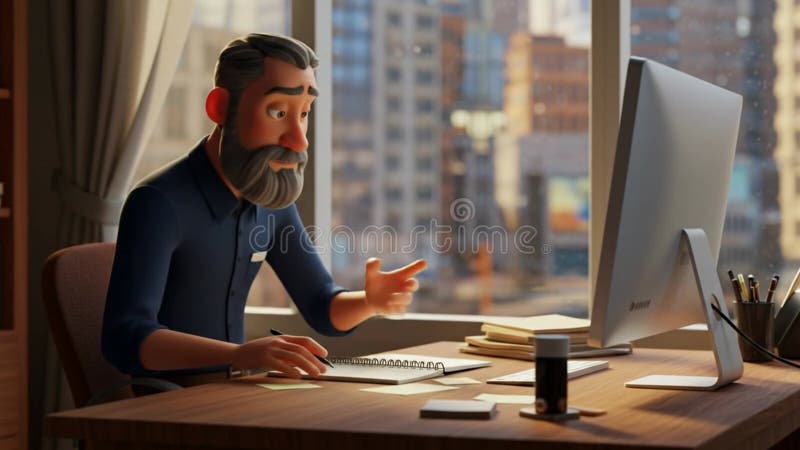 Man Writing in Notepad at Desk with City View Animation Stock Footage ...